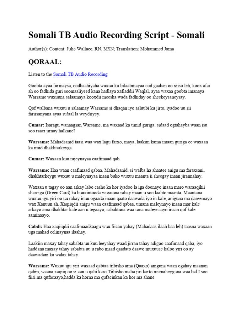 Somali TB Audio Recording Script Somali A11y | PDF Somali TB Audio Recording Script Somali A11y | PDF