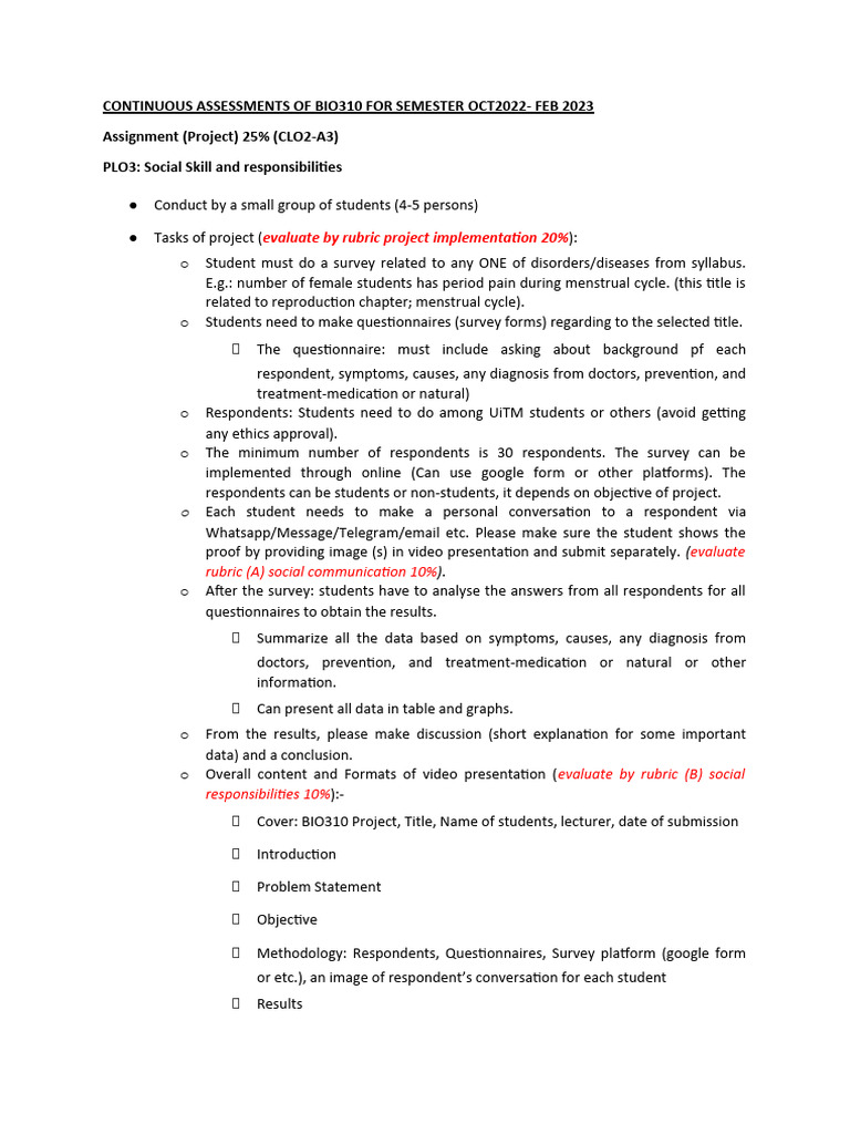 Guideline Continous Assessments BIO310 MAC22-OGOS22 | PDF