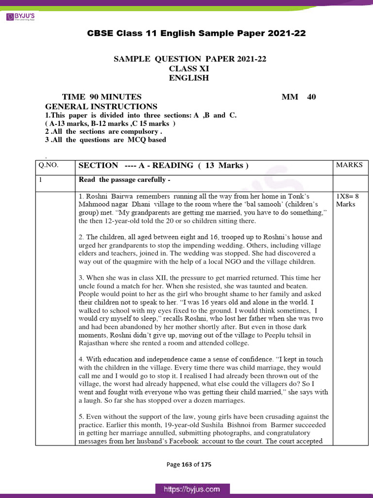 CBSE Class 11 English Sample Paper Set 3 | PDF | Tiger | Marriage