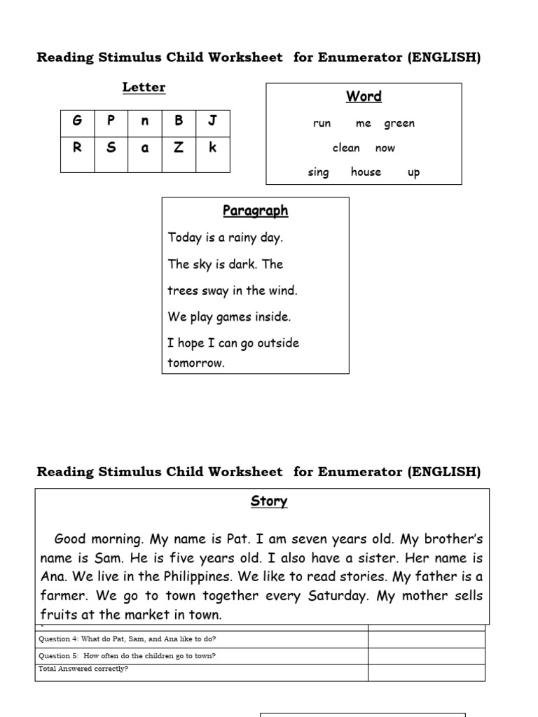Reading-Stimulus-Child-Worksheetfor-EnumeratorASER-1-1 1-3 | PDF ...