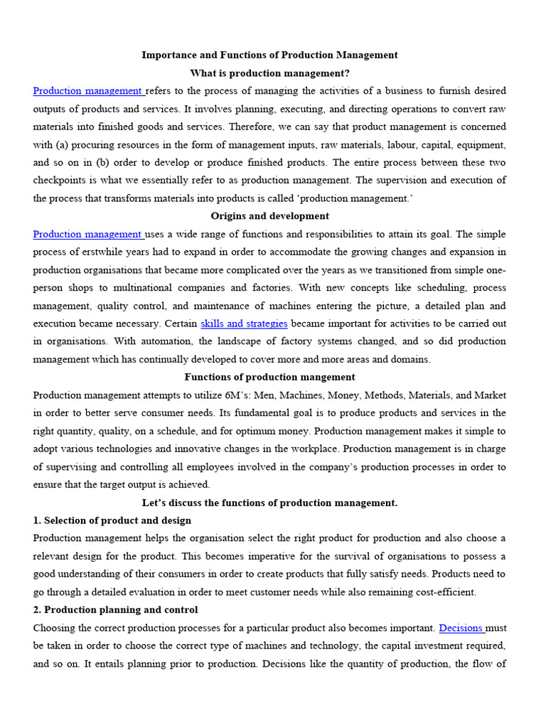 Functions and Importance of Production Management | PDF
