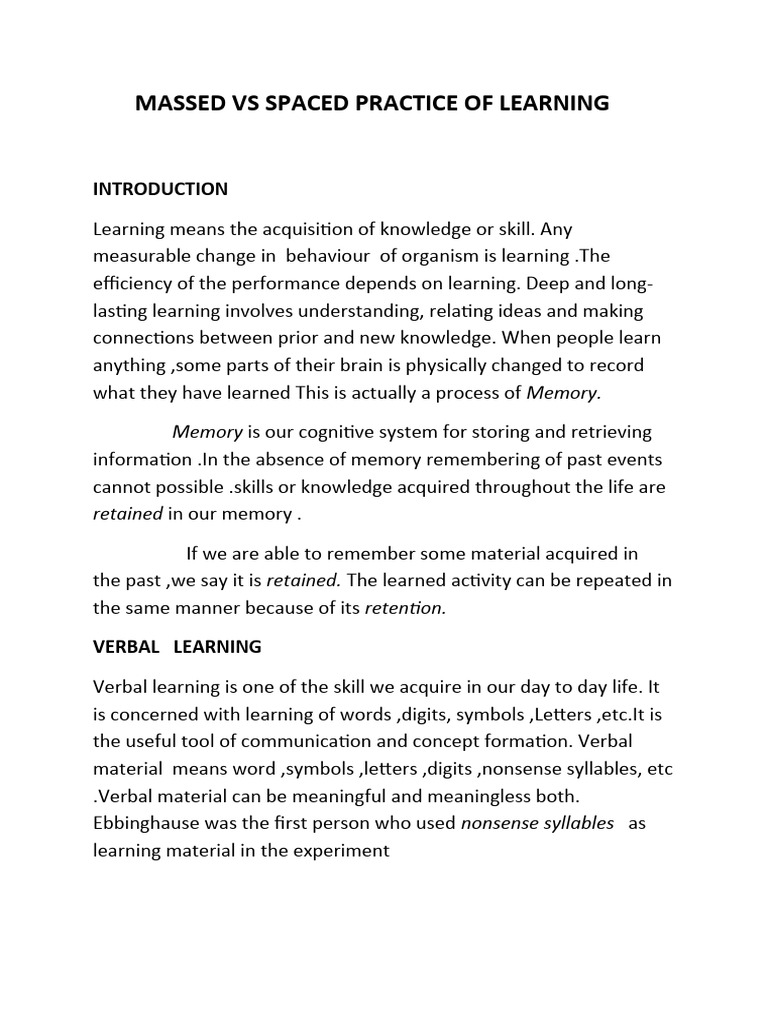 Massed VS Spaced Practice of Learning... | Download Free PDF | Learning ...