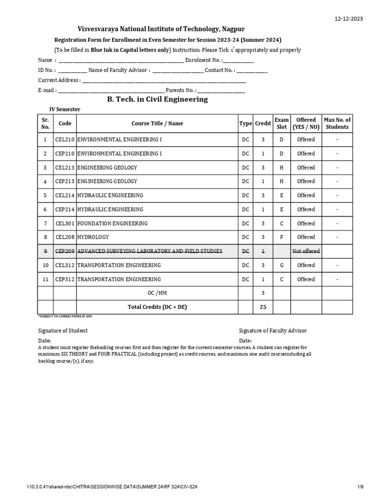VNIT Nagpur Even Semester Registration 2023-24 | PDF | Geotechnical ...