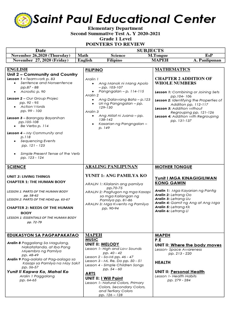 Grade 1 Exam Review Pointers | PDF | Languages | Foreign Language Studies