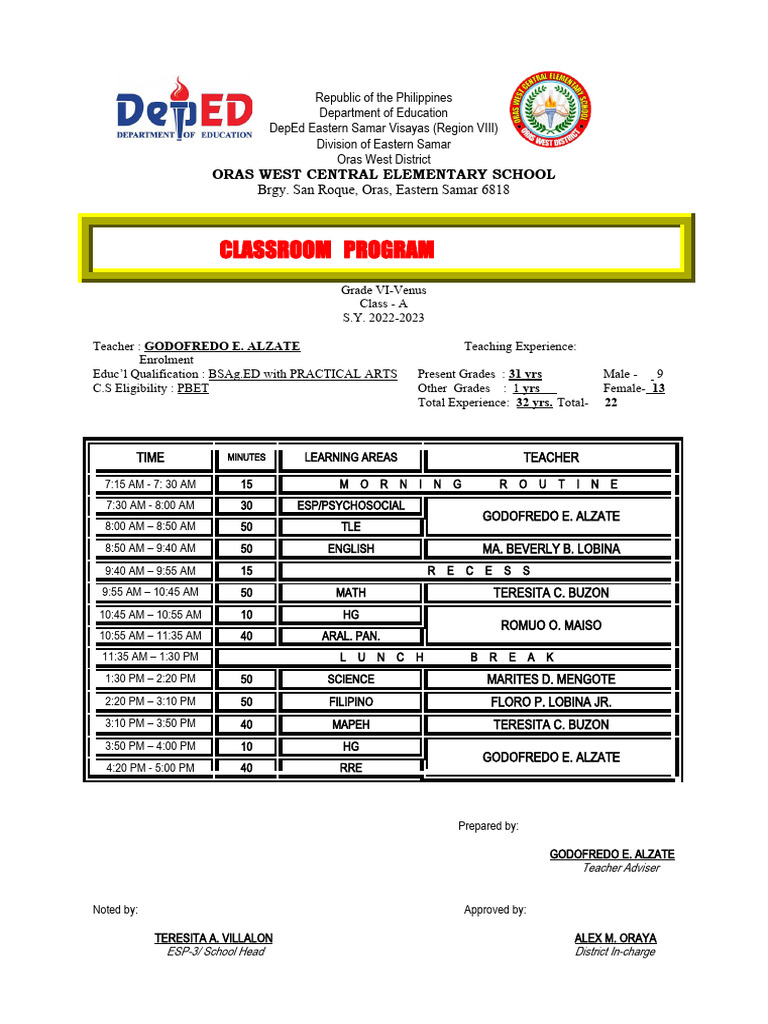 GODOFREDO - Classroom Program 2022-2023 - 2 | PDF