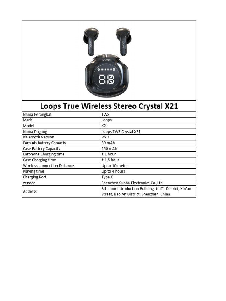 Loops TWS Crystal X21 Specs | PDF