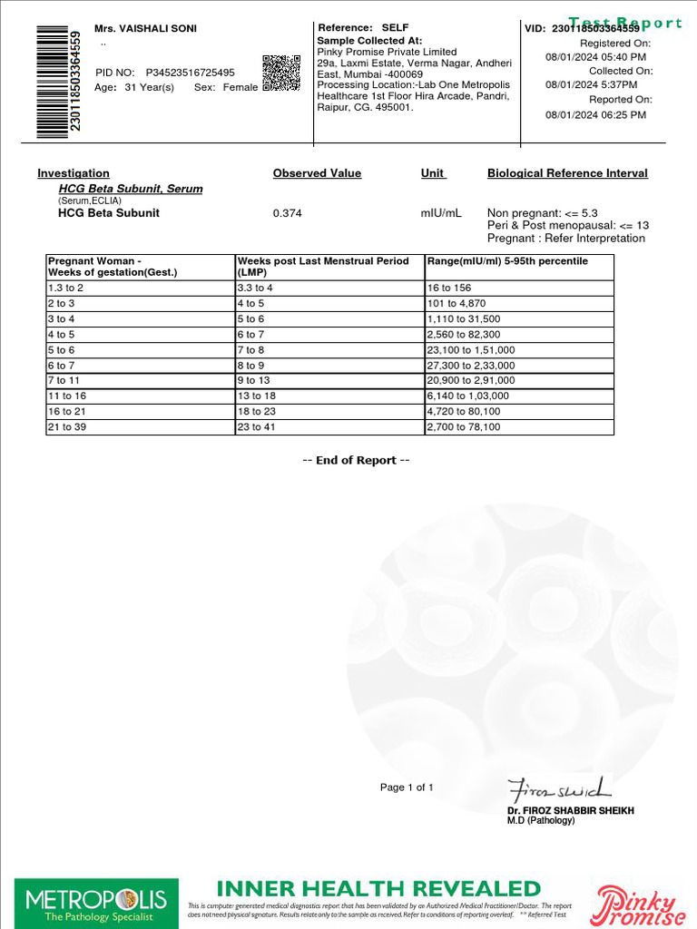 HCG Beta Subunit Serum Levels Report | PDF