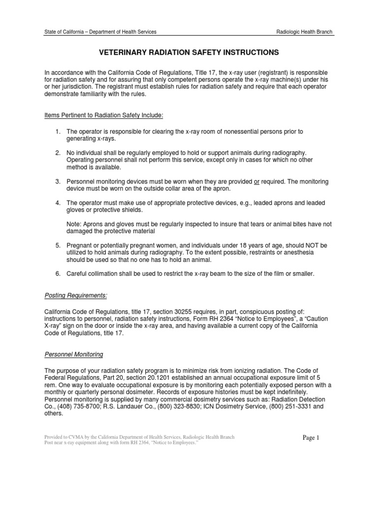 CA Veterinary Radiation Safety Instructions | PDF | Radiation ...