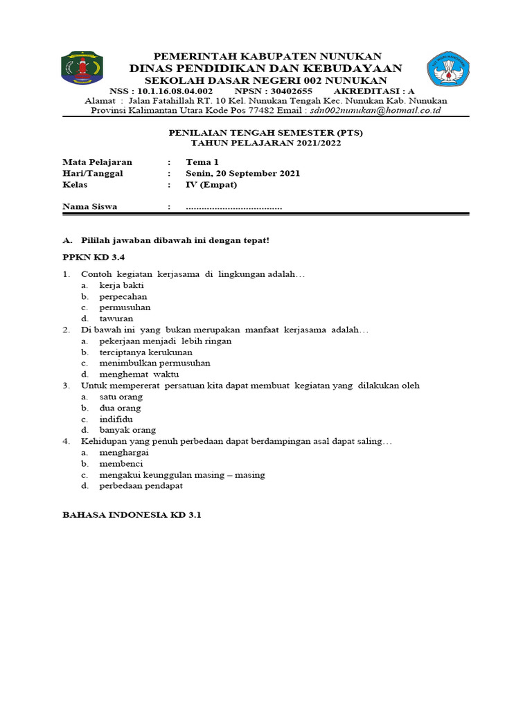 Uts Kls 4 Tema 1 2021 | PDF