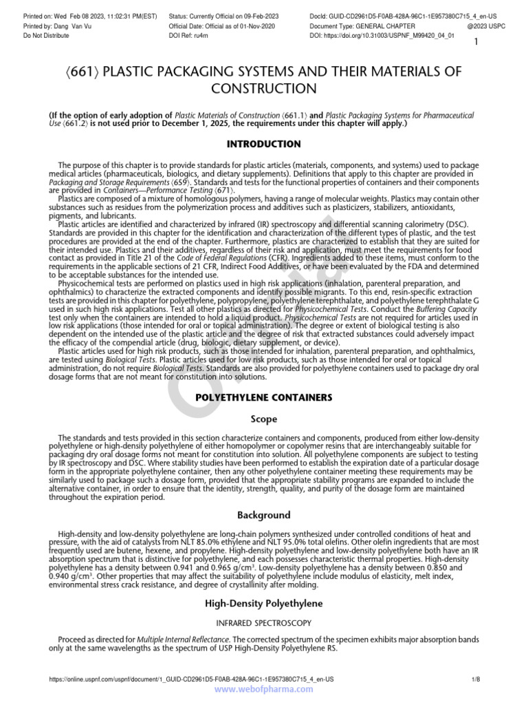 〈661〉 Plastic Packaging Systems and Their Materials of Construction | PDF