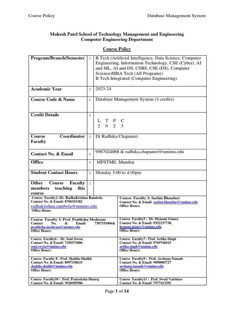 DBMS CoursePolicy 23-24 | PDF
