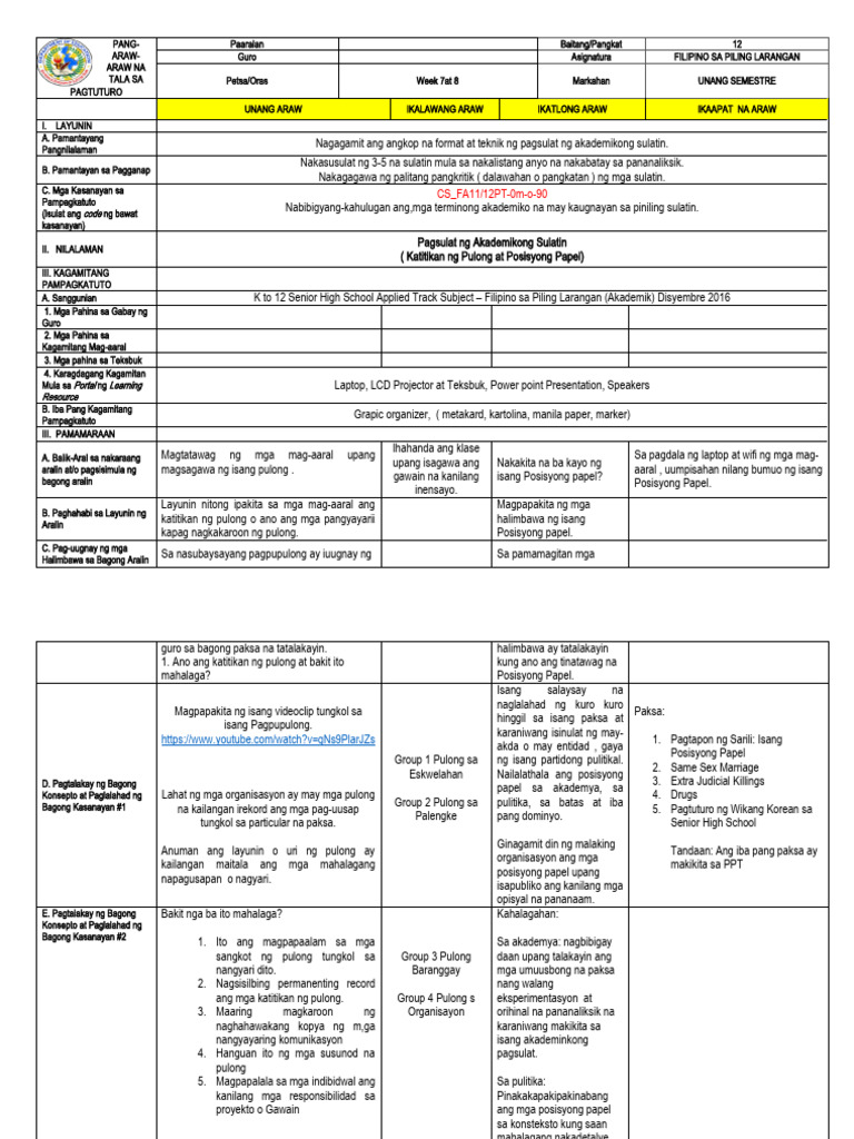 DLL 7and 8 Katitikan NG Pulong at Posisyong Papel | PDF