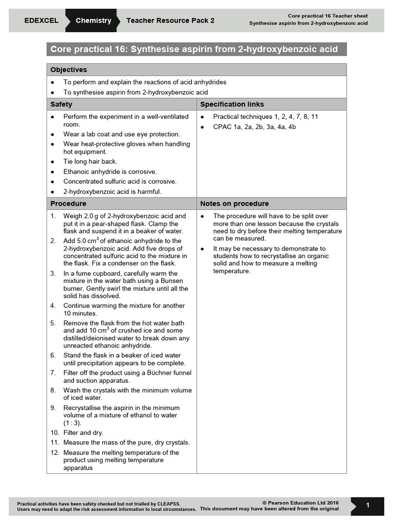 A Level Chemistry Core Practical 16 - Aspirin | PDF | Water | Acid