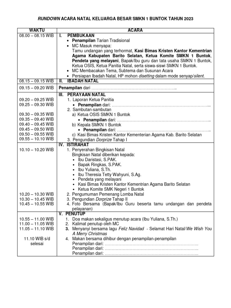 Rundown Acara Natal Keluarga Besar SMKN 1 Buntok Tahun 2023 | PDF