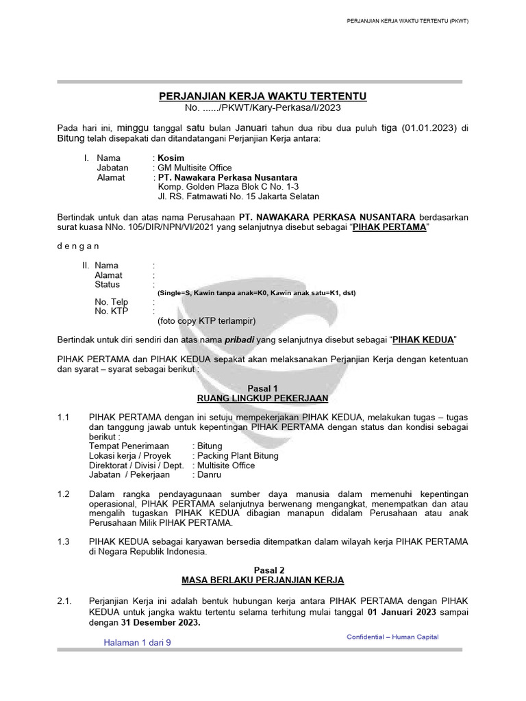 Draft PKWT Bitung - Danru | PDF