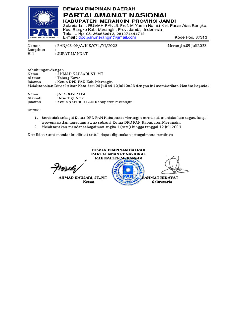 Surat Mandat DPD PAN Merangin 2023 | PDF