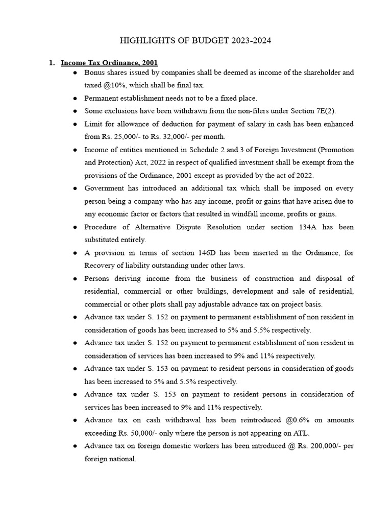 HIGHLIGHTS OF BUDGET 2023-2024 | PDF | Taxes | Income