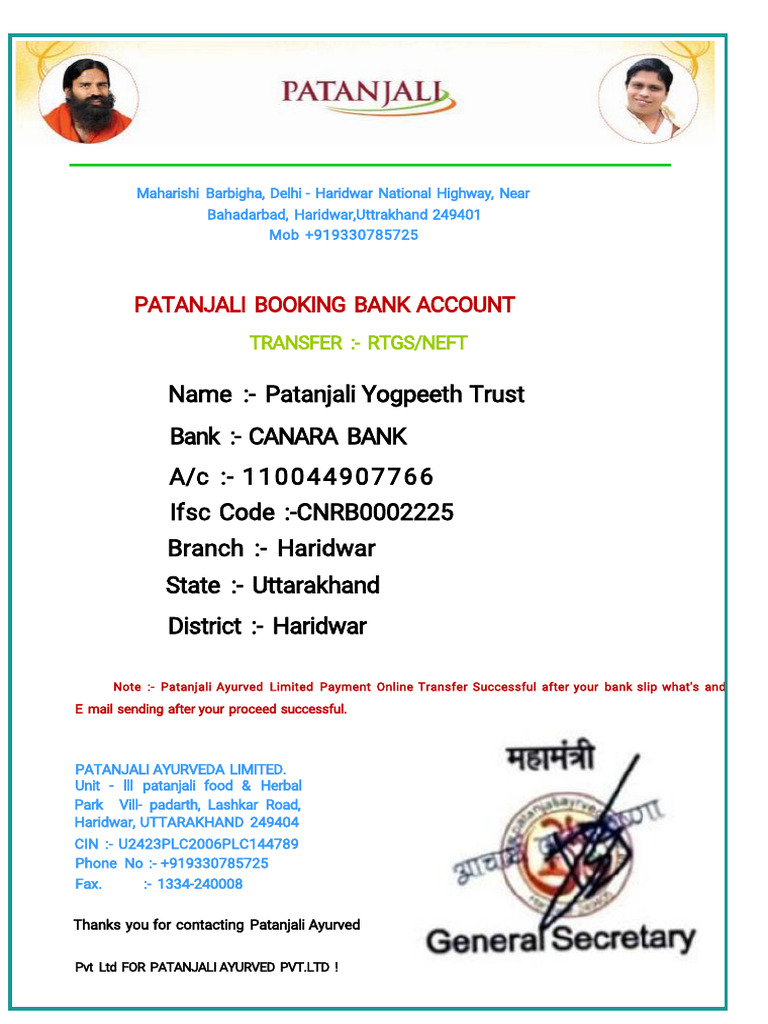 Patanjali Contact and Booking Information | PDF