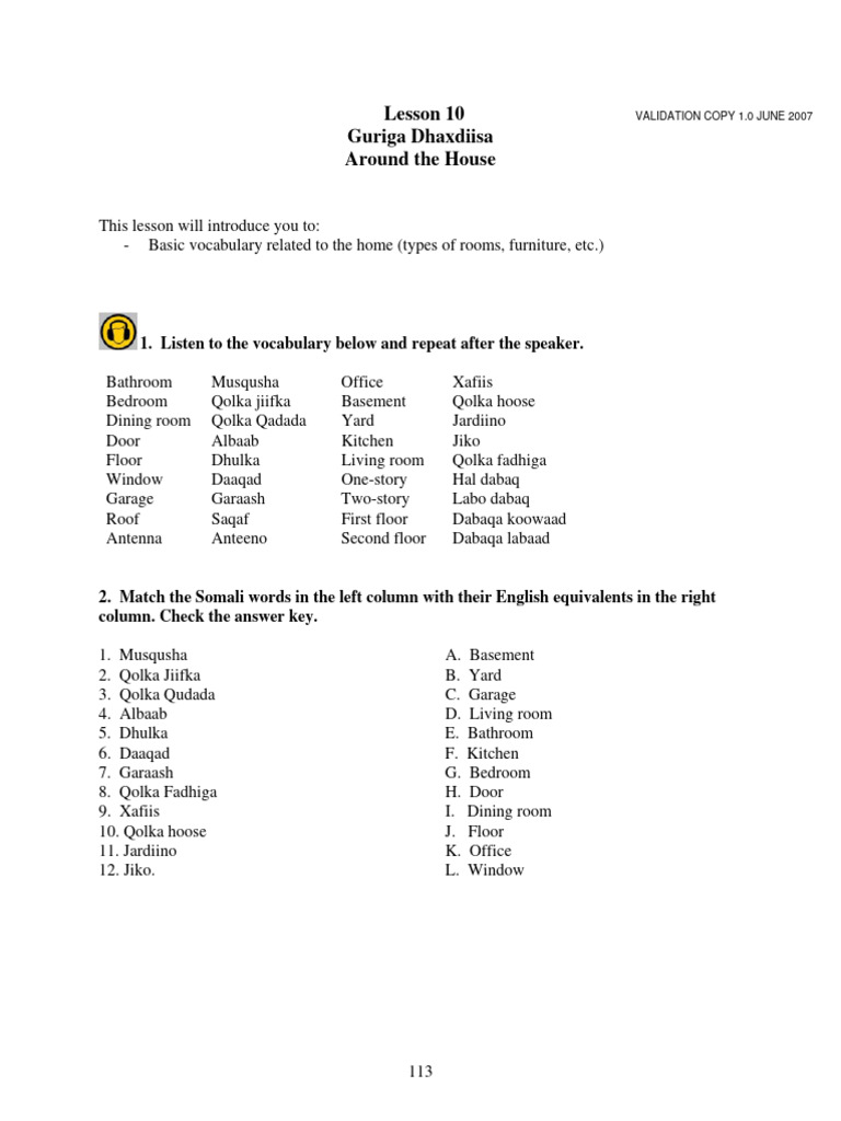 Somali Lesson 10 | PDF | Room | Bedroom