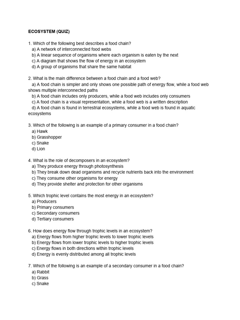 Ecosystem (Quiz) | PDF | Food Web | Environmental Conservation