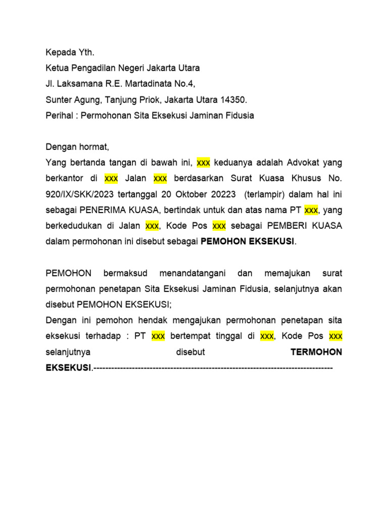 CONTOH PERMOHONAN EKSEKUSI JAMINAN FIDUSIA | PDF