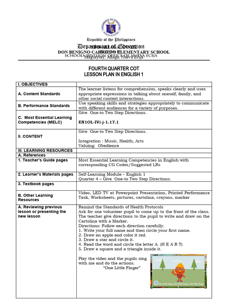 Grade 1 Two-Step Directions Lesson Plan | PDF | Learning | Teachers