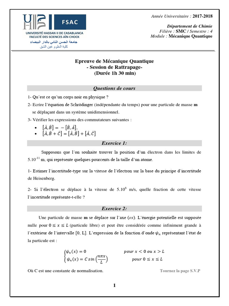 Examen Mécanique Quantique Rattrapage 2017-2018 | PDF