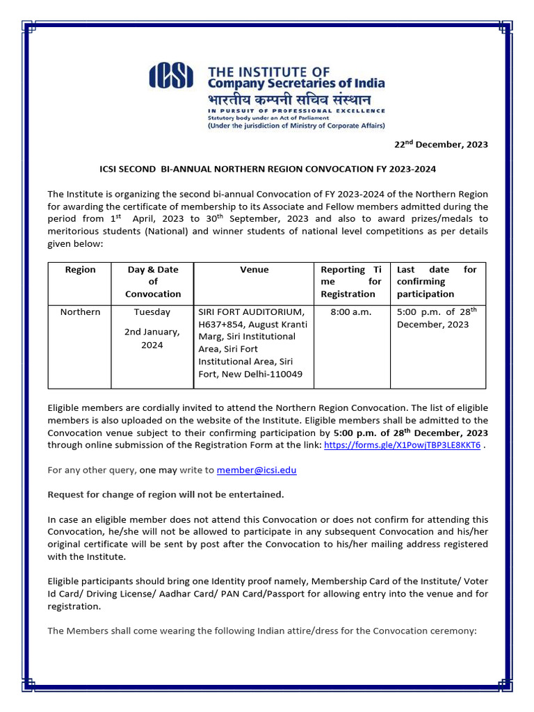 ICSINorthern Region Convocation 2 ND 2024 | PDF | Fashion | Clothing