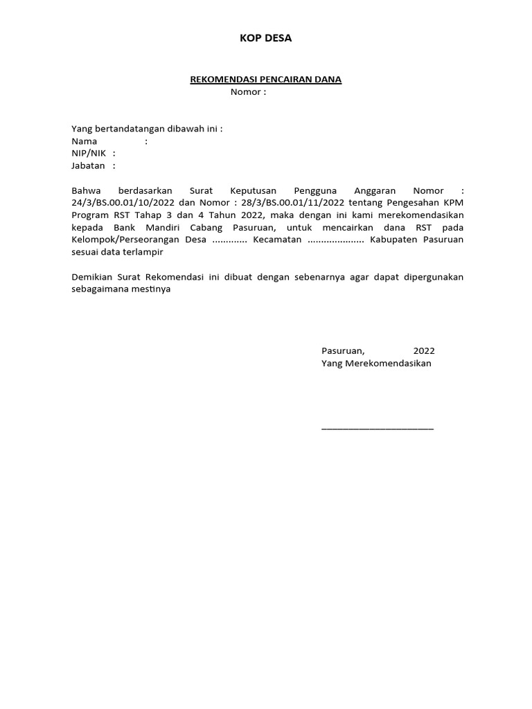 Contoh Rekomendasi Pencairan Dana | PDF