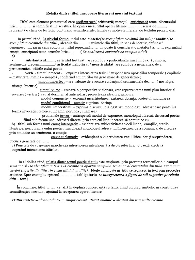 Relatia Dintre Titlul Unei Opere Literare Si Mesajul Textului | PDF