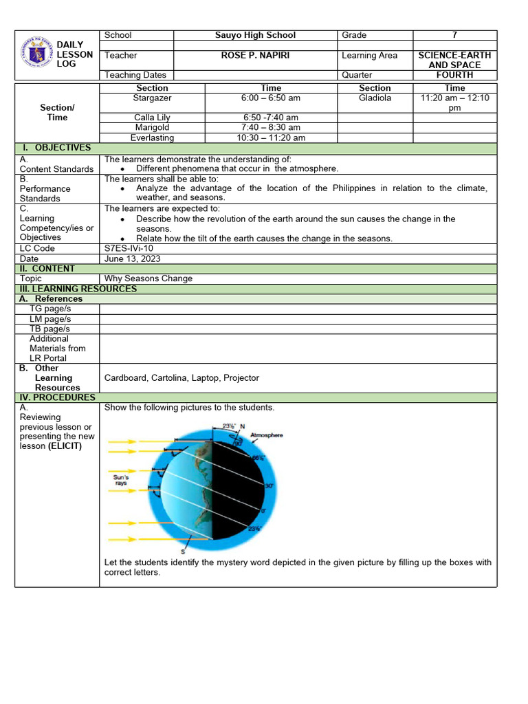 Daily Lesson Plan For Grade 7june 14 | PDF | Earth