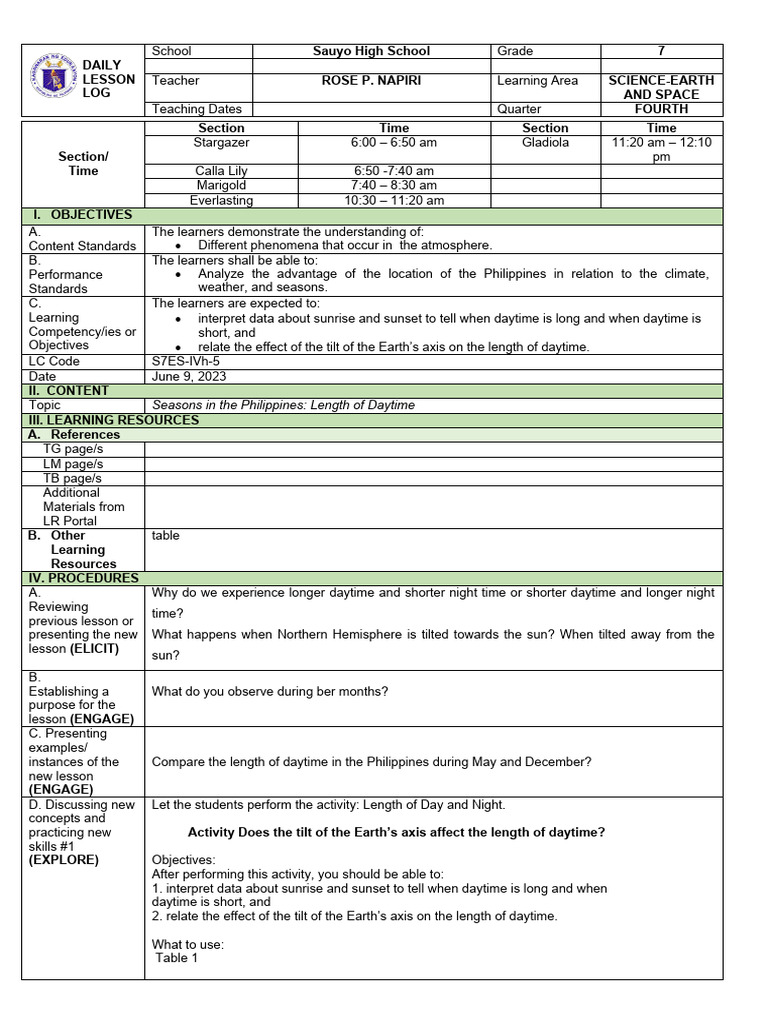 Daily lesson plan for grade 7 | PDF | Sunset