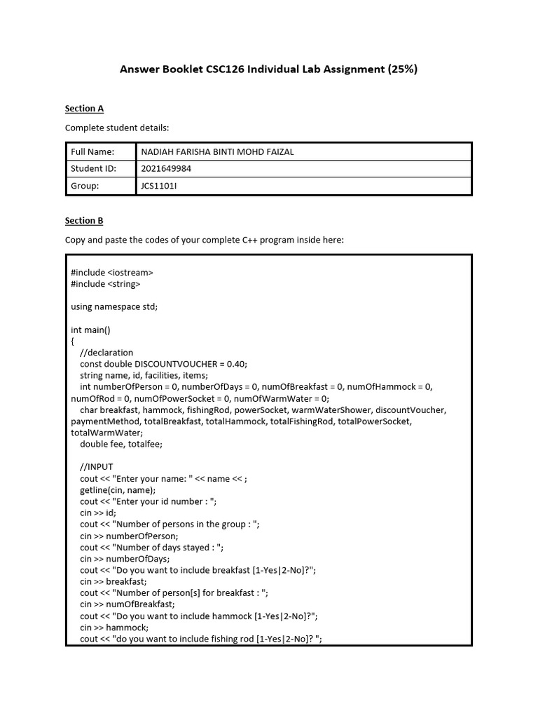 CSC126 Lab Assignment by Farisha Nadiah | PDF | C++ | Computer Programming