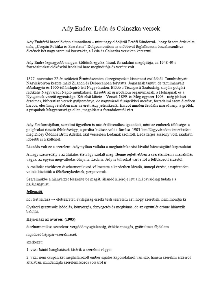 Ady Endre - Léda És Csinszka Versek | PDF