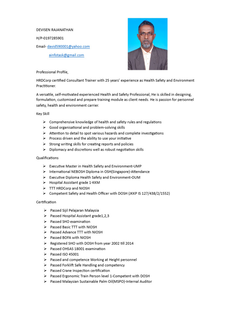 HSE Trainer Profile-Devisen, 05.09,23 | PDF | Occupational Safety And ...