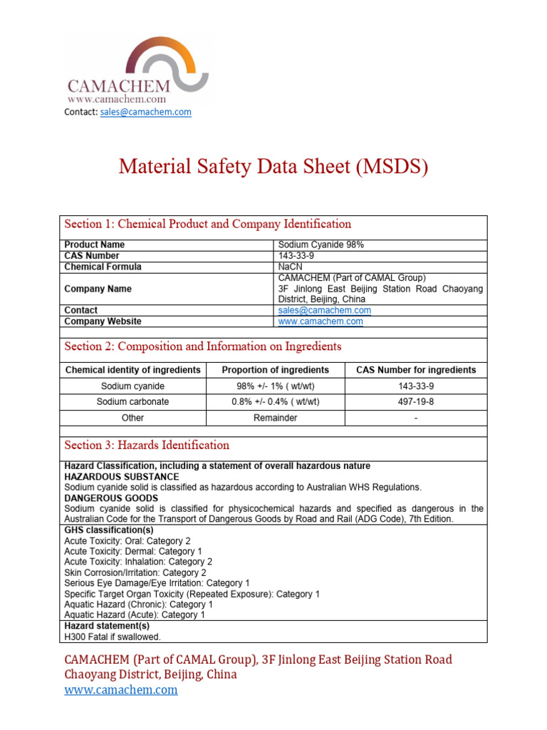 Camachem-Sodium Cyanide 98 SDS MSDS | PDF | Cyanide | Toxicity