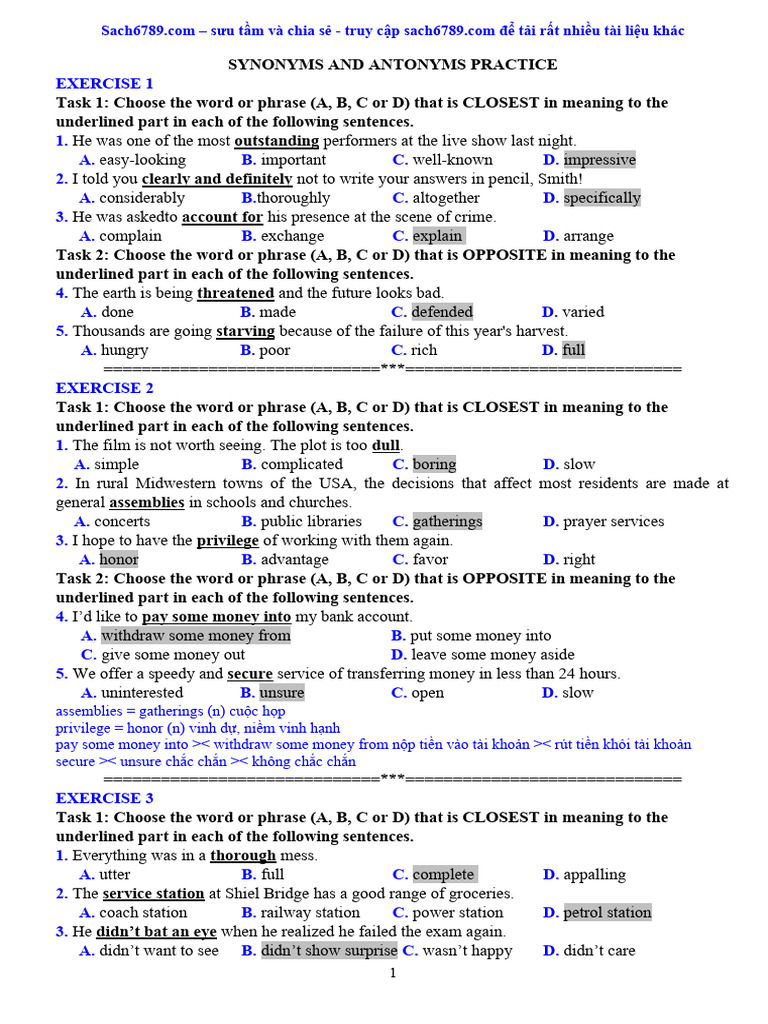 Synonyms and Antonyms Practice 02 Key | PDF | Language Arts & Discipline