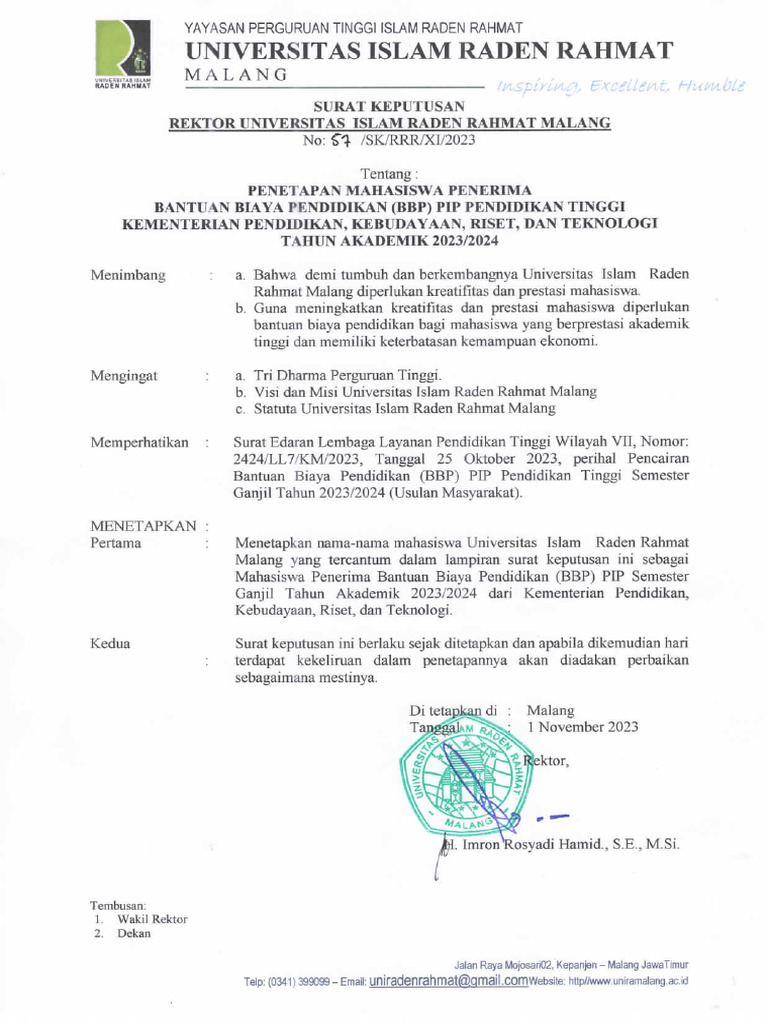 57 60 SK Penetapan Beasiswa BBP 2023 | PDF