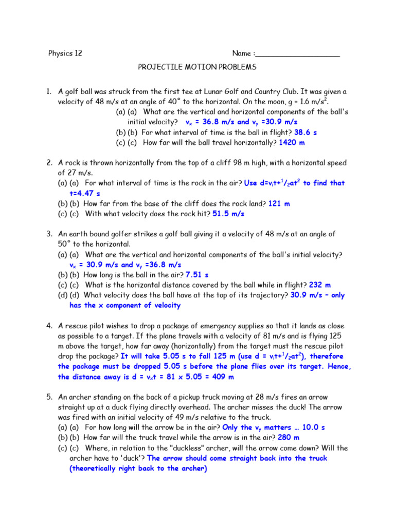 Projectile Motion WKSHT Key | PDF | Mechanics | Applied And Interdisciplinary Physics