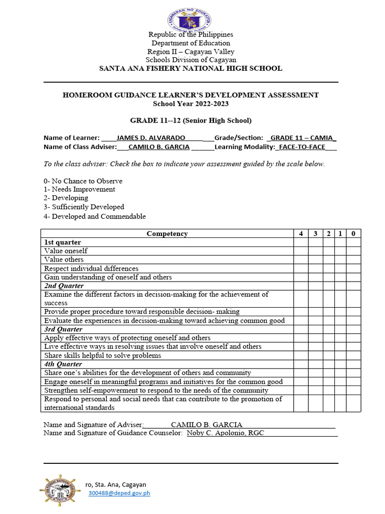 SHS HOMEROOM GUIDANCE LEARNERS DEVELOPMENT ASSESSMENT FORM Copy 2 | PDF ...