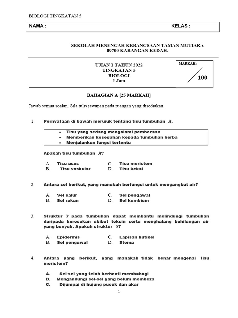 Soalan Dan Skema Ujian 1 Bio 2022 | PDF
