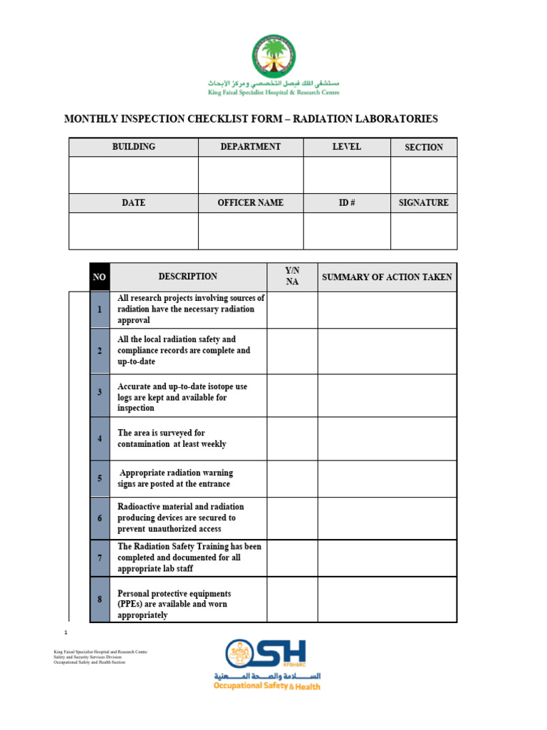 Monthly Inspection Checklist Form - Radiation Laboratories. | PDF ...