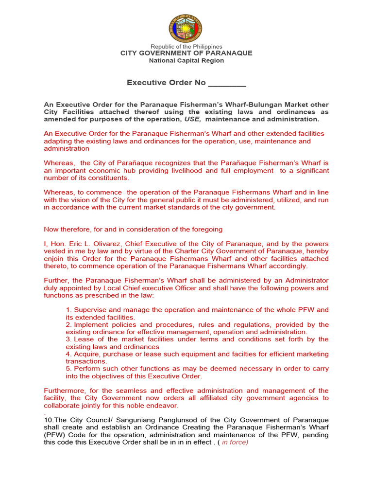 Executive Order Paranaque Fisherman-Wharf | PDF | Executive Order ...