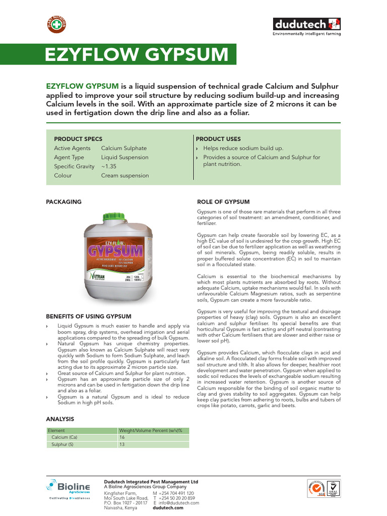Dudutech EZYFLOW Gypsum Product Sheet | PDF | Soil | Plant Nutrition