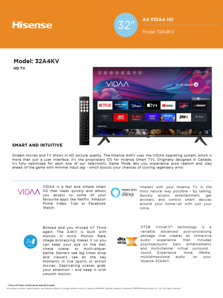 32A4KV Spec Sheet EN | PDF | Television | Computing