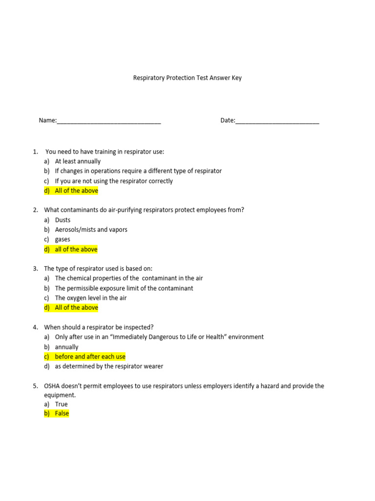 Respiratory Protection Test Answer Key | PDF | Technology & Engineering