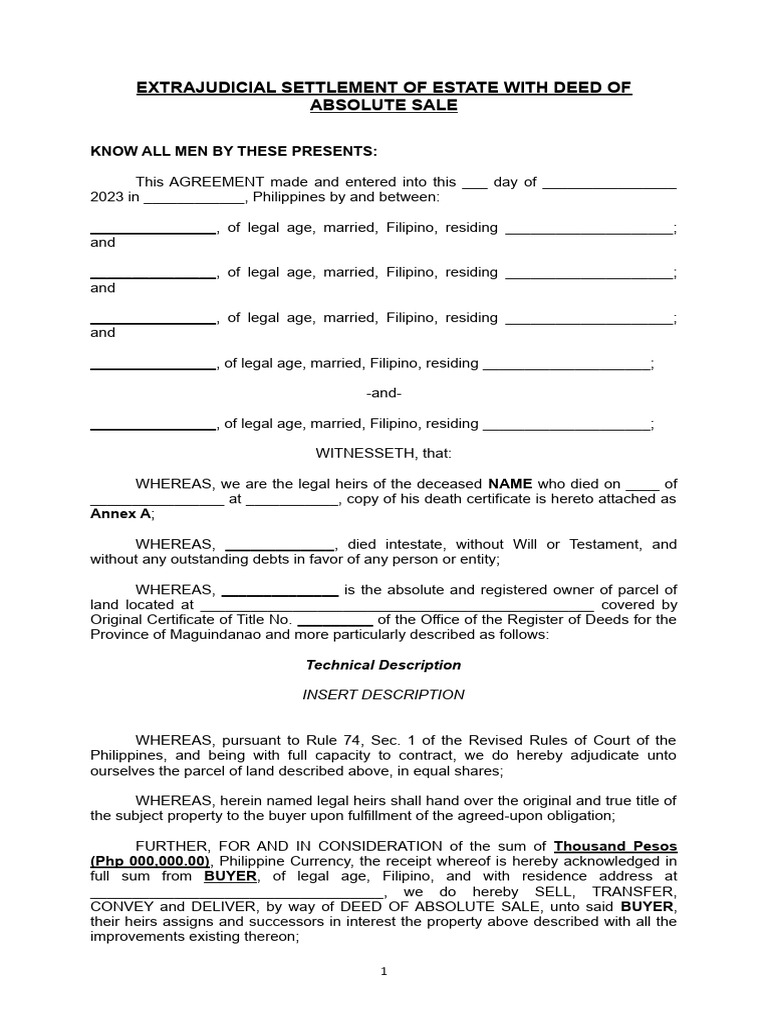 Extrajudicial Settlement of Estate With Deed of Absolute Sale ...