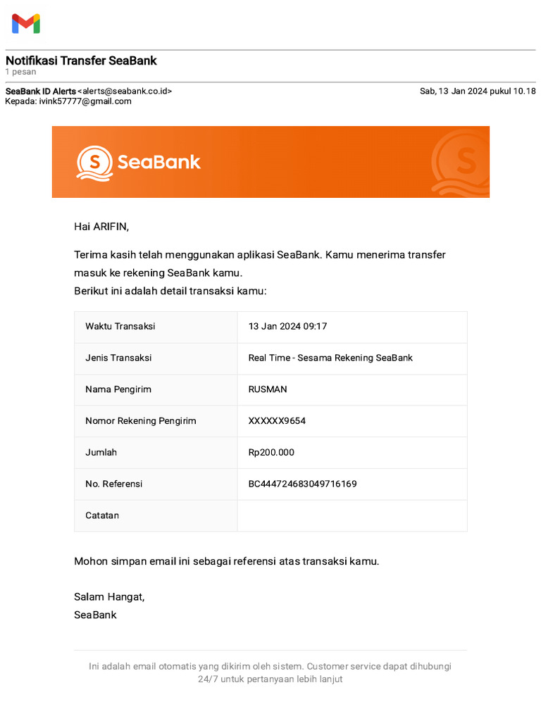 Gmail - Notifikasi Transfer SeaBank | PDF