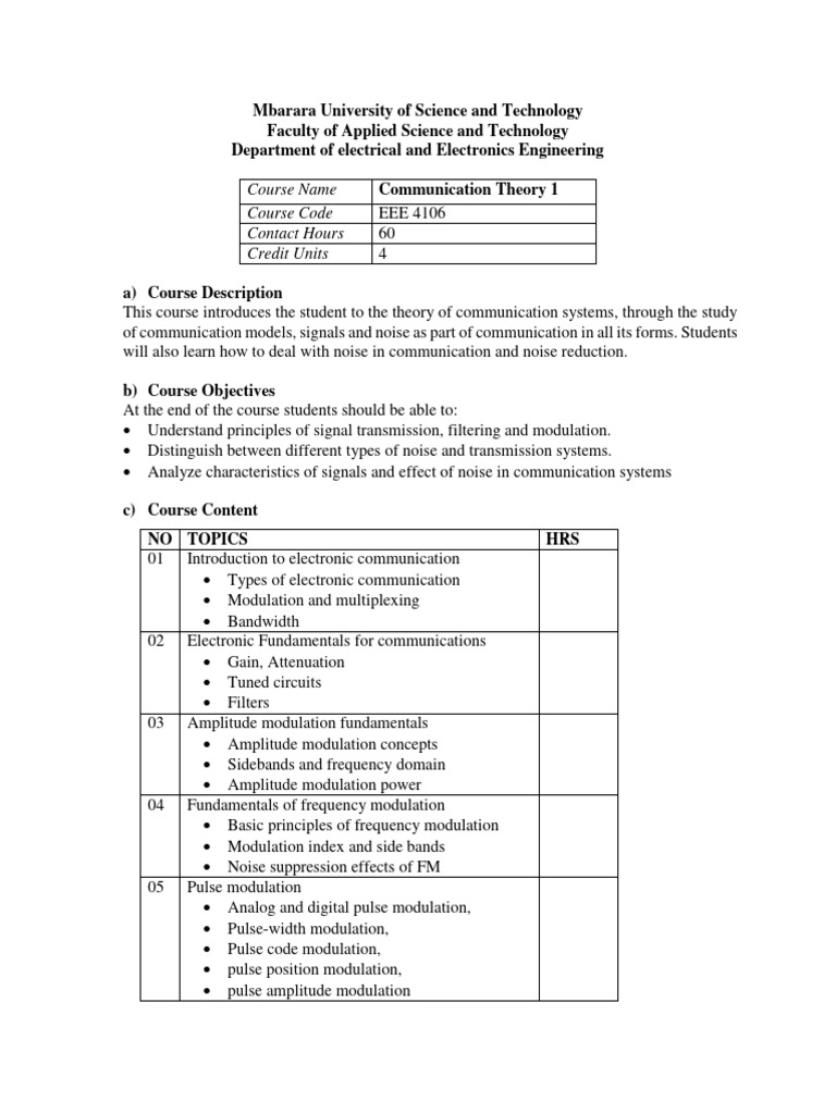 Communications Theory_Course outline1 | PDF | Frequency Modulation | Modulation