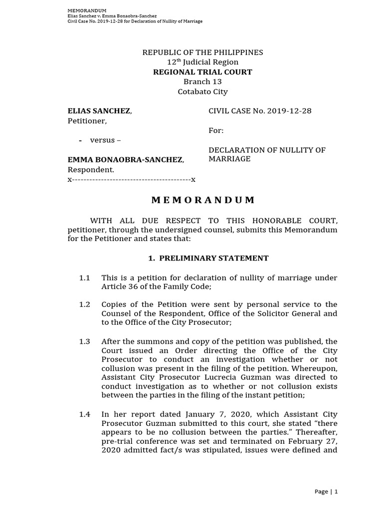 Sample Memorandum For ANNULMENT | PDF | Marriage | Annulment
